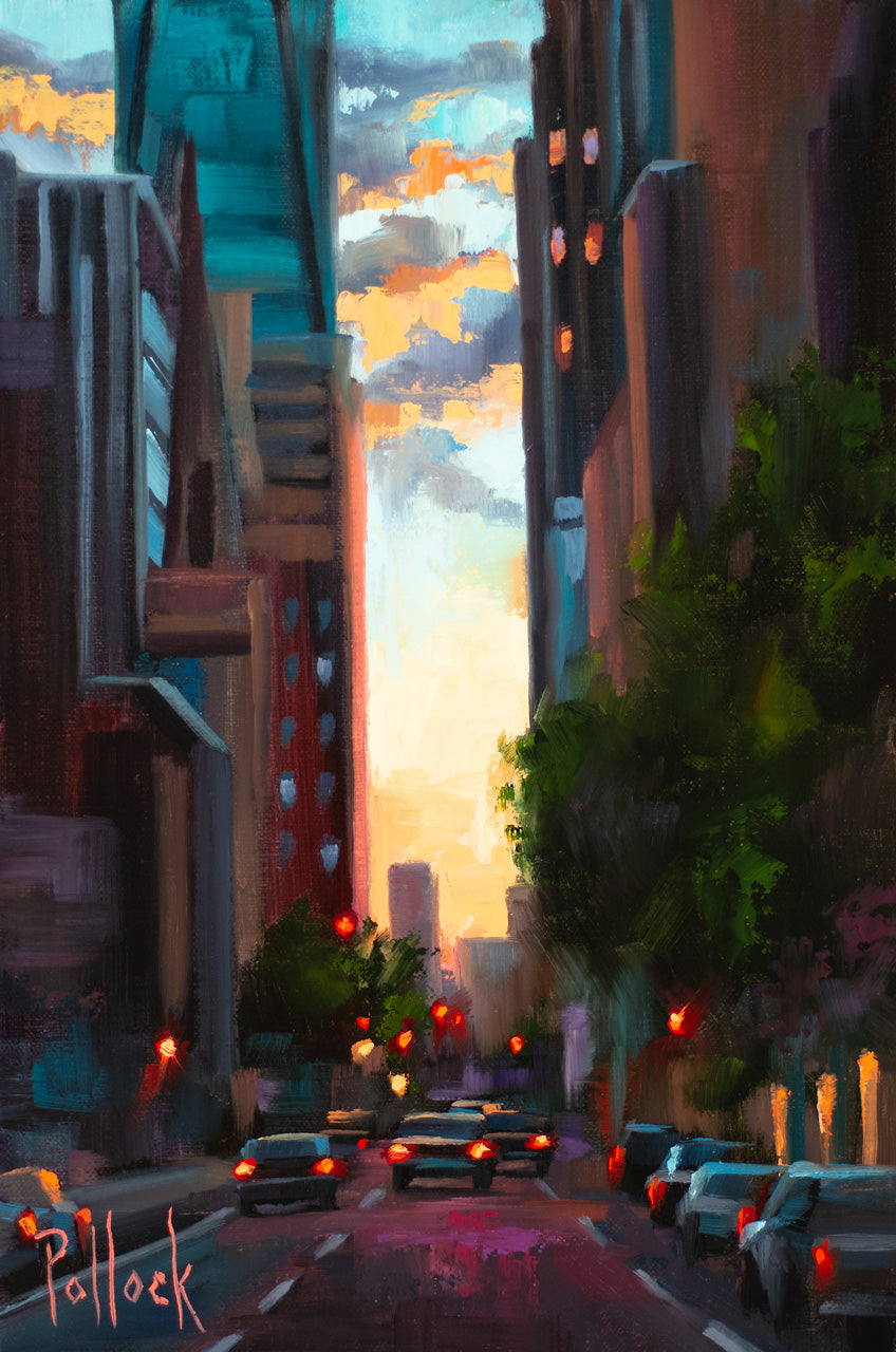 Arch Street Sunset oil on panel | Sarah Pollock Studio